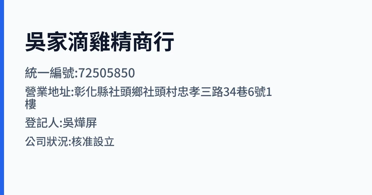 吳家滴雞精商行 - 統編 72505850(彰化縣) 公司登記資料與營業項目詳細圖表