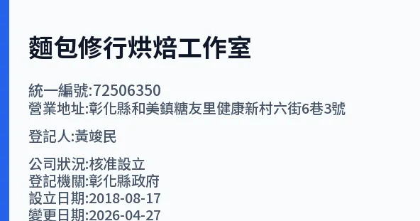 麵包修行烘焙工作室的照片-統編 72506350(彰化縣) 公司登記資料與營業項目詳細圖表