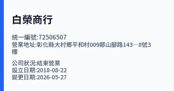 白榮商行的照片-統編 72506507(彰化縣) 公司登記資料與營業項目詳細圖表