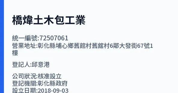 橋煒土木包工業的照片-統編 72507061(彰化縣) 公司登記資料與營業項目詳細圖表