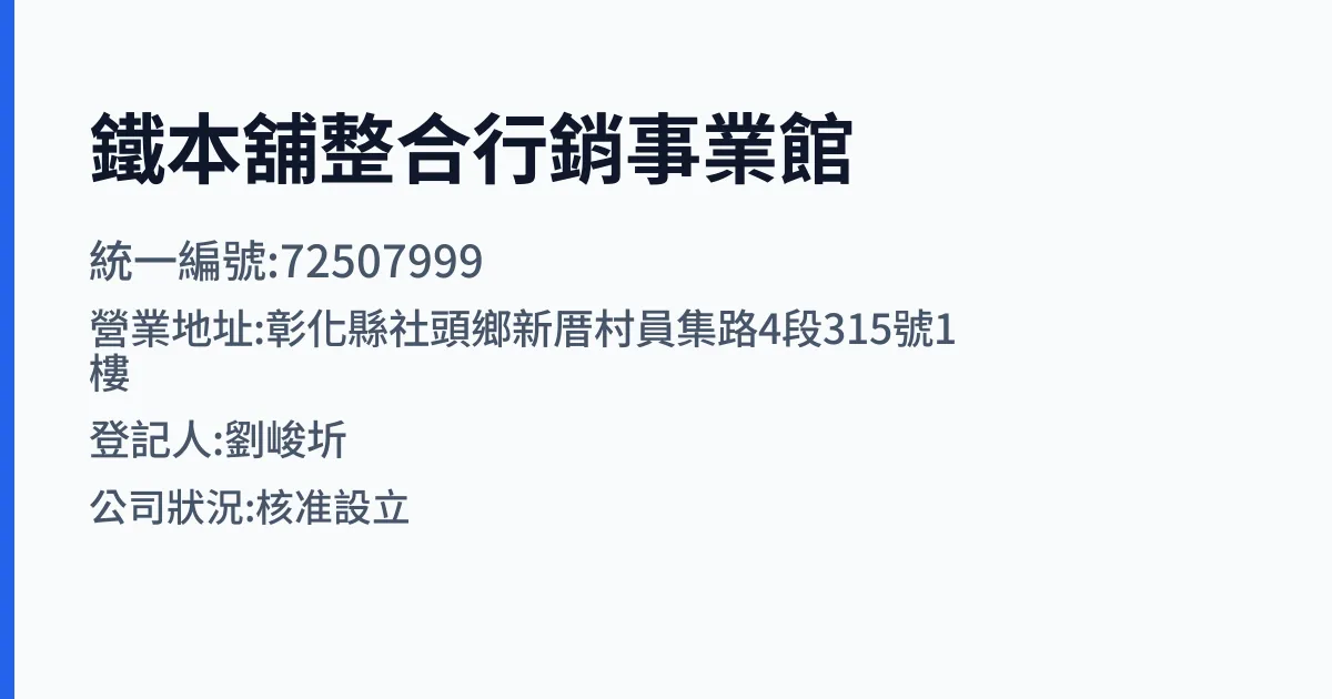 鐵本舖整合行銷事業館 - 統編 72507999(彰化縣) 公司登記資料與營業項目詳細圖表