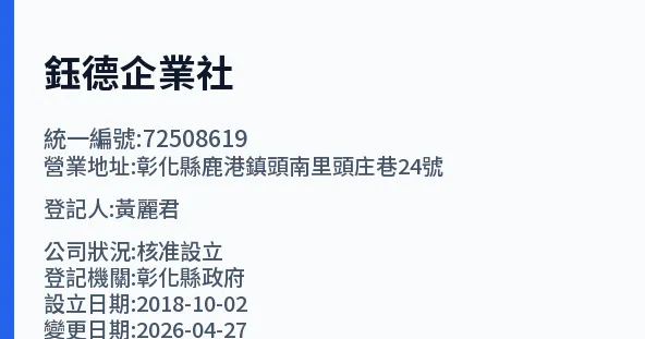 鈺德企業社的照片-統編 72508619(彰化縣) 公司登記資料與營業項目詳細圖表