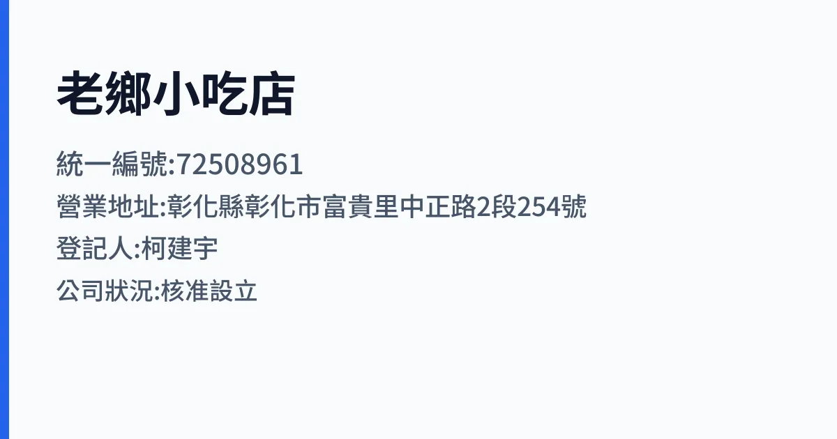 老鄉小吃店 - 統編 72508961(彰化縣) 公司登記資料與營業項目詳細圖表
