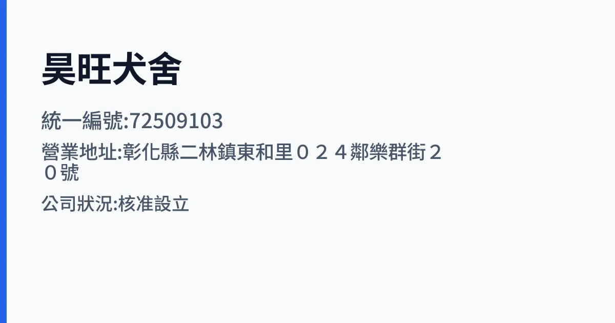 昊旺犬舍 - 統編 72509103(彰化縣) 公司登記資料與營業項目詳細圖表