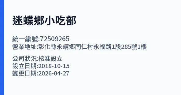 迷蝶鄉小吃部的照片-統編 72509265(彰化縣) 公司登記資料與營業項目詳細圖表