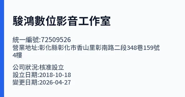 駿鴻數位影音工作室的照片-統編 72509526(彰化縣) 公司登記資料與營業項目詳細圖表