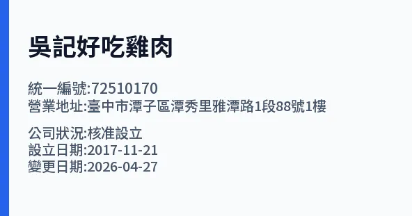 吳記好吃雞肉的照片-統編 72510170(臺中市) 公司登記資料與營業項目詳細圖表