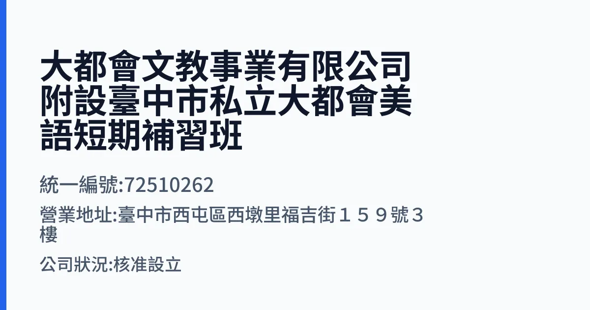 大都會文教事業有限公司附設臺中市私立大都會美語短期補習班 - 統編 72510262(臺中市) 公司登記資料與營業項目詳細圖表
