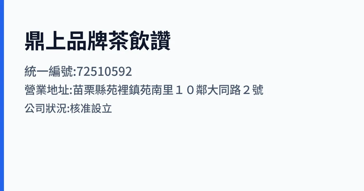 鼎上品牌茶飲讚 - 統編 72510592(苗栗縣) 公司登記資料與營業項目詳細圖表