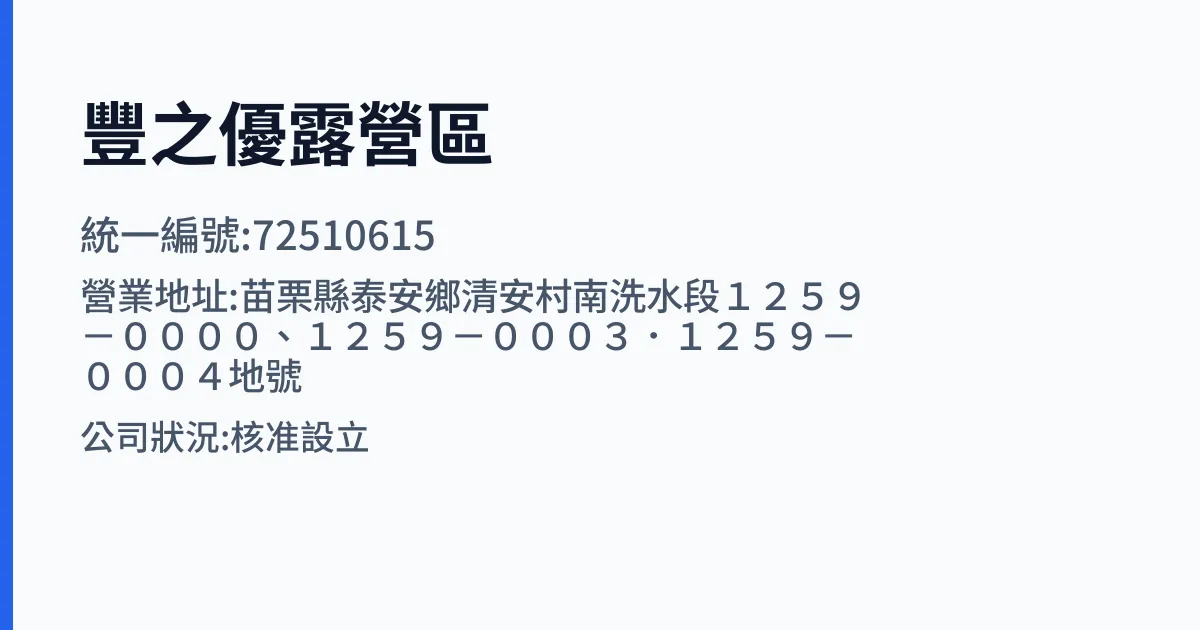 豐之優露營區 - 統編 72510615(苗栗縣) 公司登記資料與營業項目詳細圖表