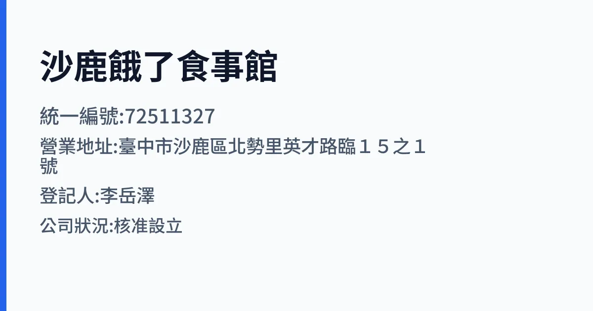 沙鹿餓了食事館 - 統編 72511327(臺中市) 公司登記資料與營業項目詳細圖表