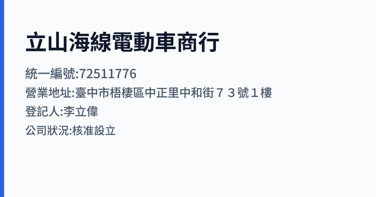 立山海線電動車商行 - 統編 72511776(臺中市) 公司登記資料與營業項目詳細圖表
