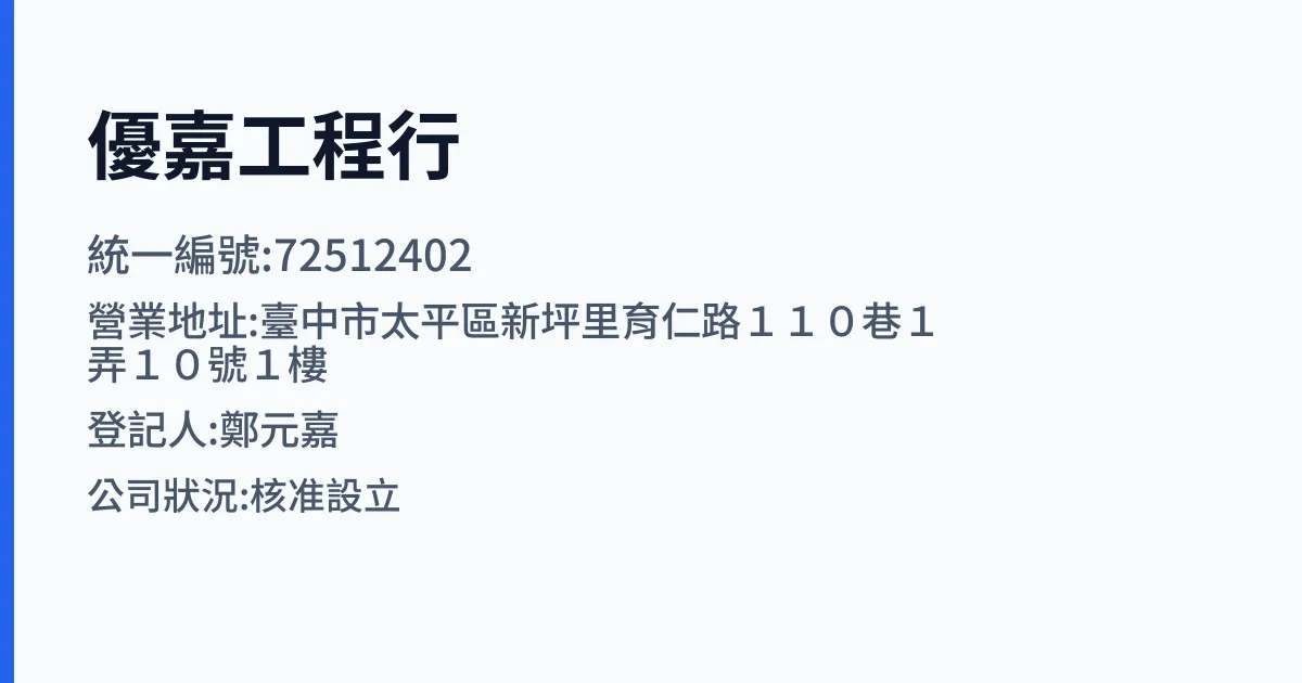 優嘉工程行 - 統編 72512402(臺中市) 公司登記資料與營業項目詳細圖表