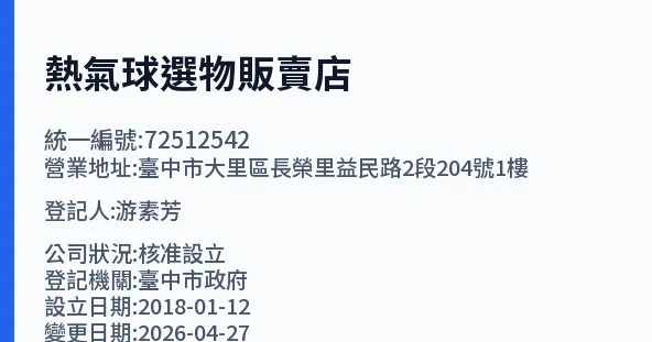 熱氣球選物販賣店的照片-統編 72512542(臺中市) 公司登記資料與營業項目詳細圖表