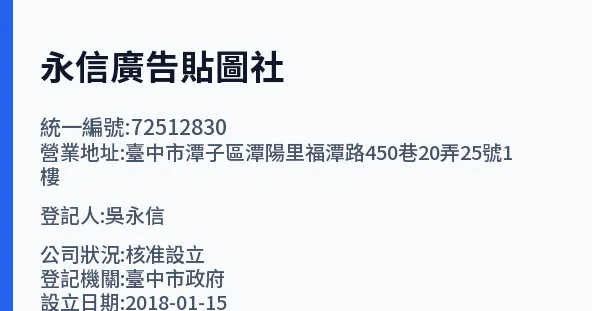 永信廣告貼圖社的照片-統編 72512830(臺中市) 公司登記資料與營業項目詳細圖表