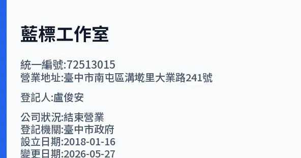 藍標工作室的照片-統編 72513015(臺中市) 公司登記資料與營業項目詳細圖表