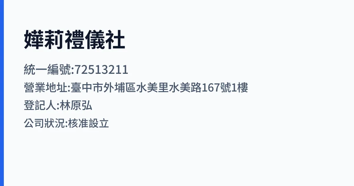 嬅莉禮儀社 - 統編 72513211(臺中市) 公司登記資料與營業項目詳細圖表
