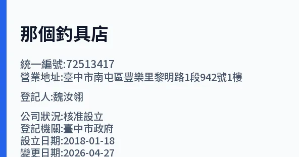 那個釣具店的照片-統編 72513417(臺中市) 公司登記資料與營業項目詳細圖表
