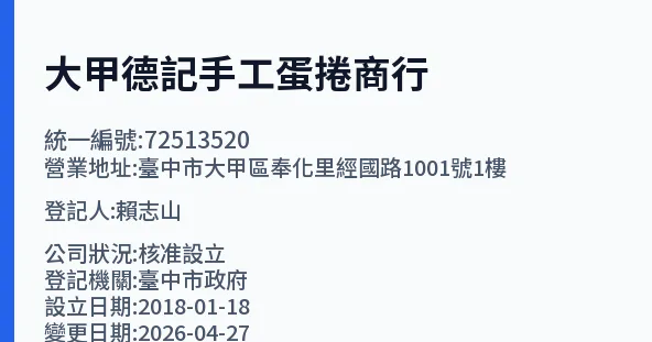 大甲德記手工蛋捲商行的照片-統編 72513520(臺中市) 公司登記資料與營業項目詳細圖表
