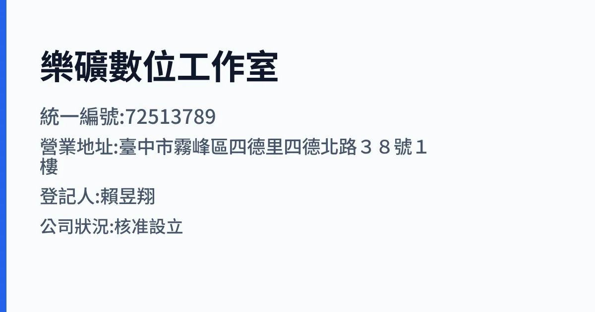 樂礦數位工作室 - 統編 72513789(臺中市) 公司登記資料與營業項目詳細圖表