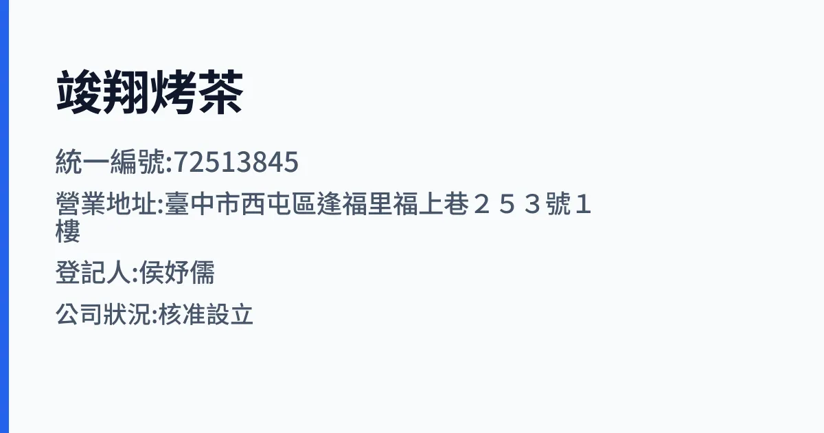 竣翔烤茶 - 統編 72513845(臺中市) 公司登記資料與營業項目詳細圖表