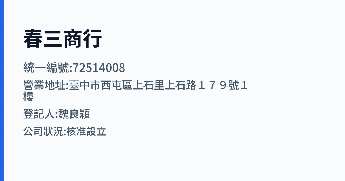 春三商行 - 統編 72514008(臺中市) 公司登記資料與營業項目詳細圖表