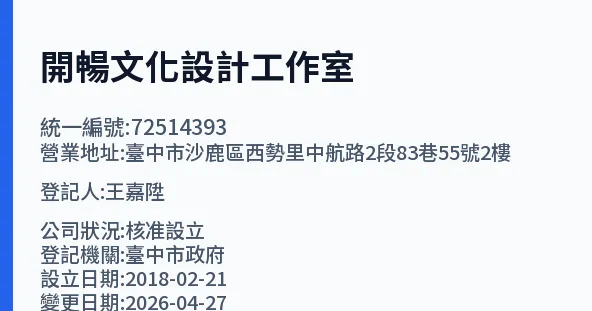 開暢文化設計工作室的照片-統編 72514393(臺中市) 公司登記資料與營業項目詳細圖表