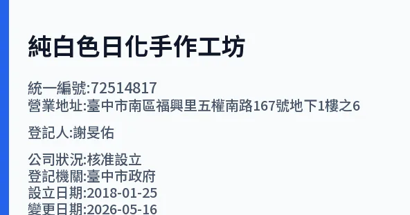 純白色日化手作工坊的照片-統編 72514817(臺中市) 公司登記資料與營業項目詳細圖表