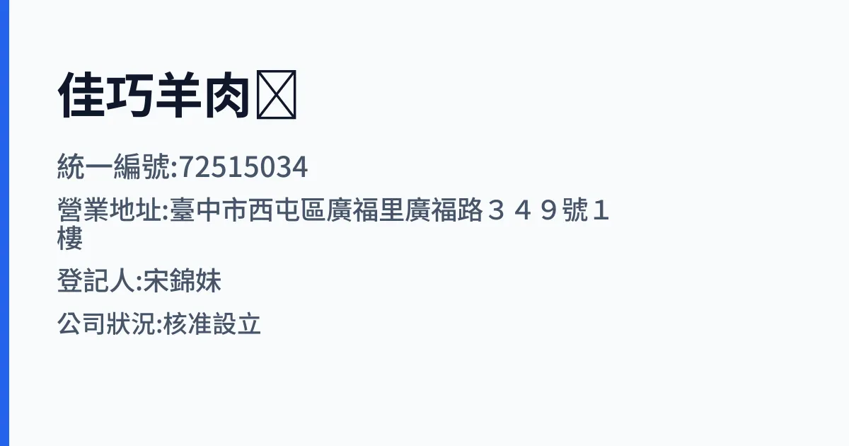 佳巧羊肉焿 - 統編 72515034(臺中市) 公司登記資料與營業項目詳細圖表
