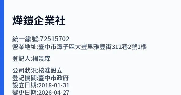 燁鎧企業社的照片-統編 72515702(臺中市) 公司登記資料與營業項目詳細圖表