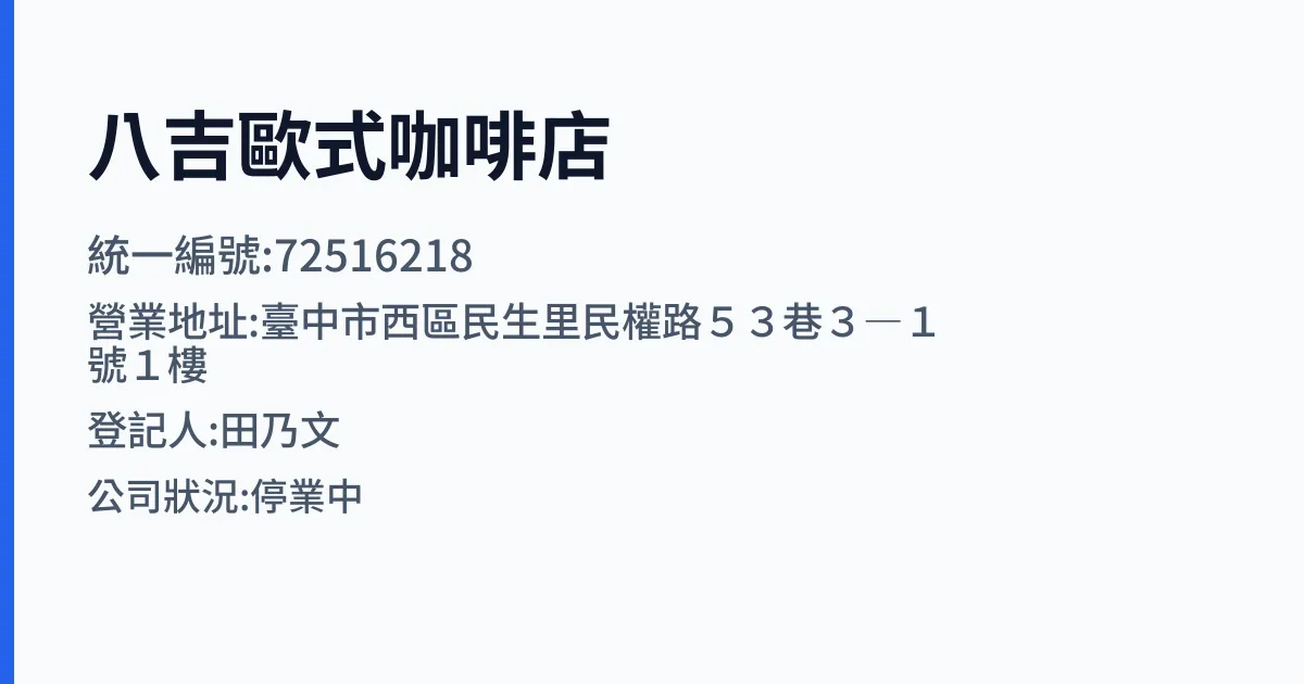 八吉歐式咖啡店 - 統編 72516218(臺中市) 公司登記資料與營業項目詳細圖表