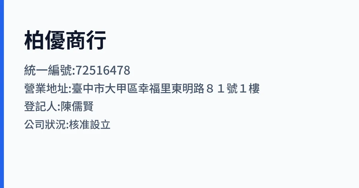 柏優商行 - 統編 72516478(臺中市) 公司登記資料與營業項目詳細圖表