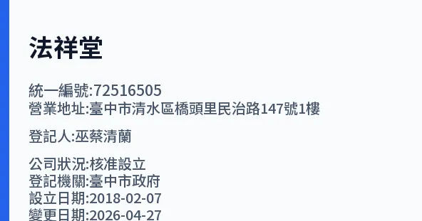 法祥堂的照片-統編 72516505(臺中市) 公司登記資料與營業項目詳細圖表