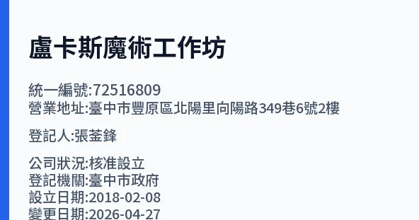 盧卡斯魔術工作坊的照片-統編 72516809(臺中市) 公司登記資料與營業項目詳細圖表