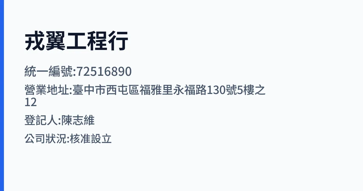 戎翼工程行 - 統編 72516890(臺中市) 公司登記資料與營業項目詳細圖表