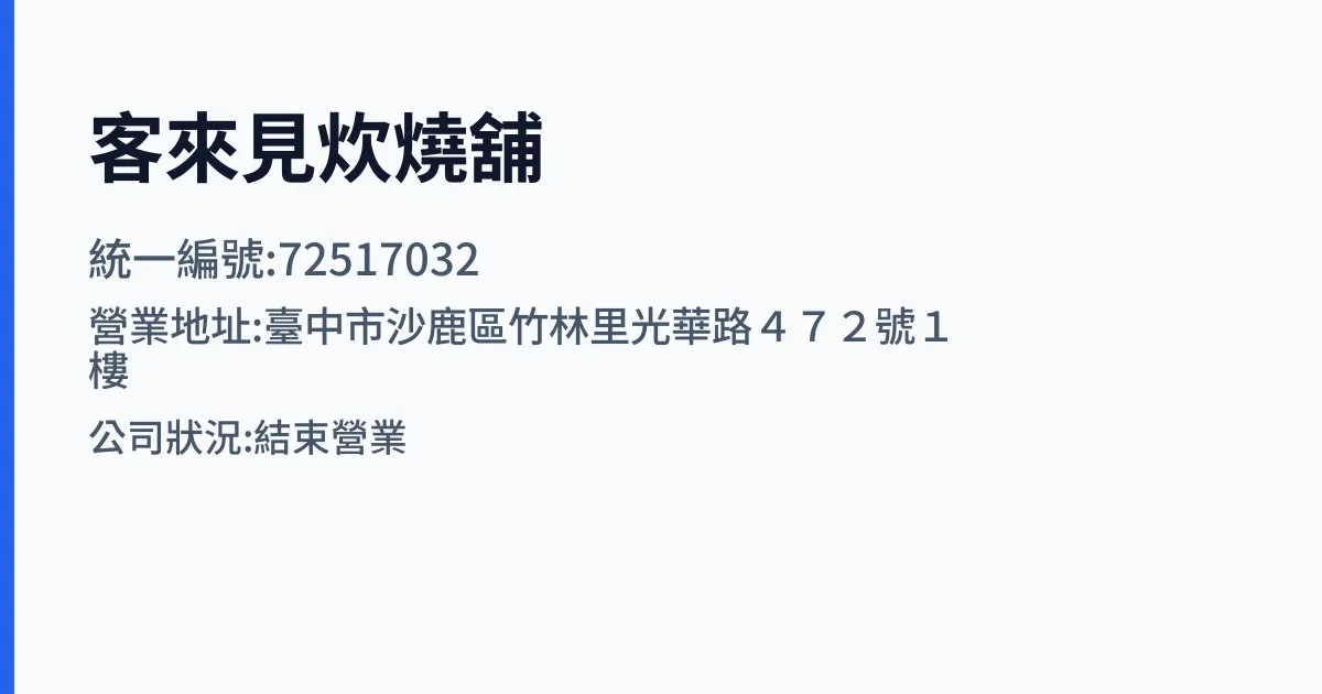 客來見炊燒舖 - 統編 72517032(臺中市) 公司登記資料與營業項目詳細圖表