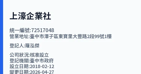 上濠企業社的照片-統編 72517048(臺中市) 公司登記資料與營業項目詳細圖表