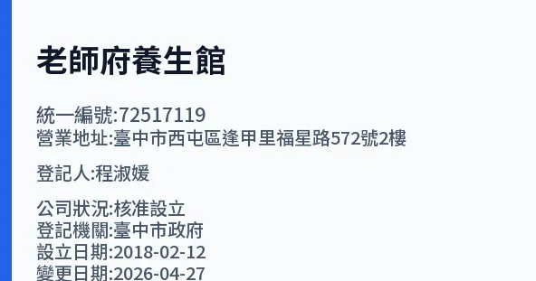 老師府養生館的照片-統編 72517119(臺中市) 公司登記資料與營業項目詳細圖表