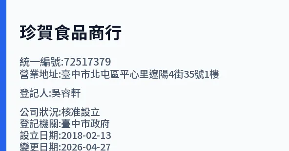 珍賀食品商行的照片-統編 72517379(臺中市) 公司登記資料與營業項目詳細圖表