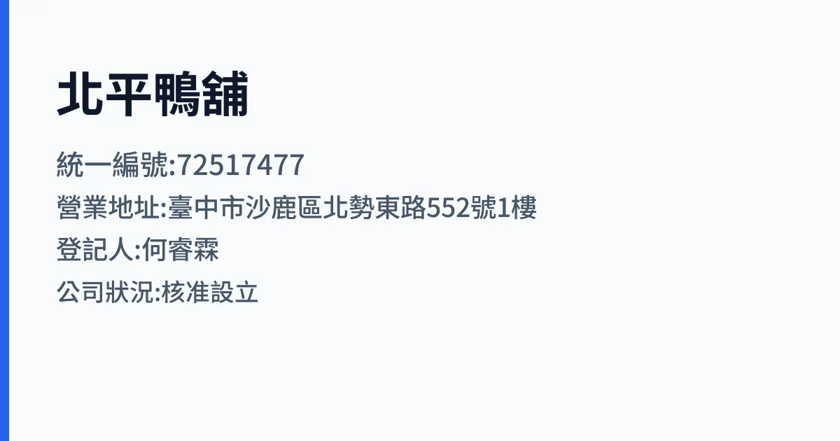 北平鴨舖 - 統編 72517477(臺中市) 公司登記資料與營業項目詳細圖表