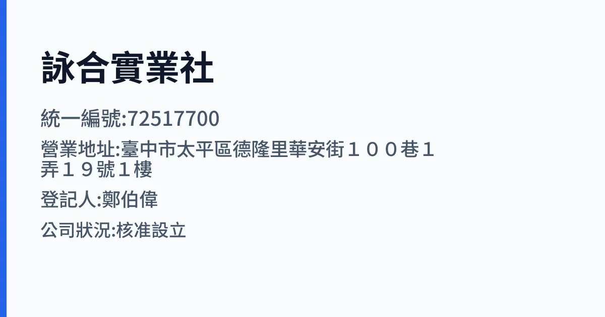 詠合實業社 - 統編 72517700(臺中市) 公司登記資料與營業項目詳細圖表