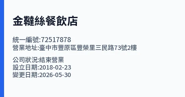 金韃絲餐飲店的照片-統編 72517878(臺中市) 公司登記資料與營業項目詳細圖表