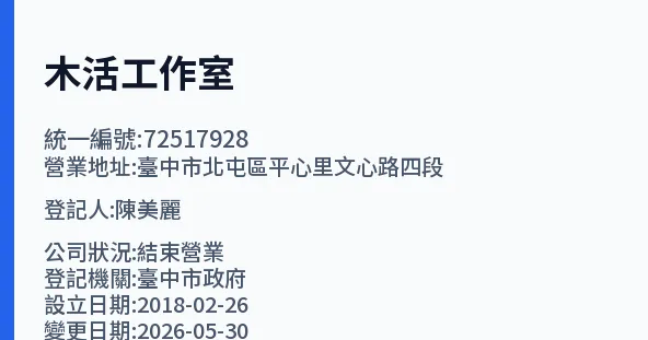 木活工作室的照片-統編 72517928(臺中市) 公司登記資料與營業項目詳細圖表