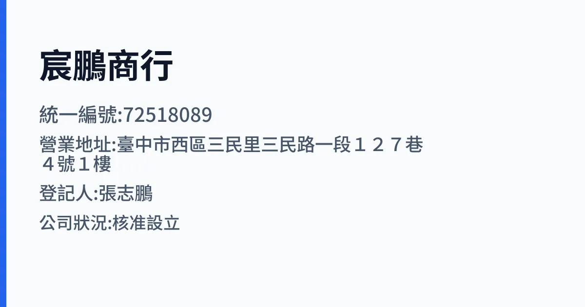 宸鵬商行 - 統編 72518089（臺中市） 公司登記資料與營業項目詳細圖表