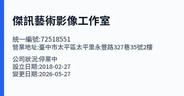 傑訊藝術影像工作室的照片-統編 72518551(臺中市) 公司登記資料與營業項目詳細圖表