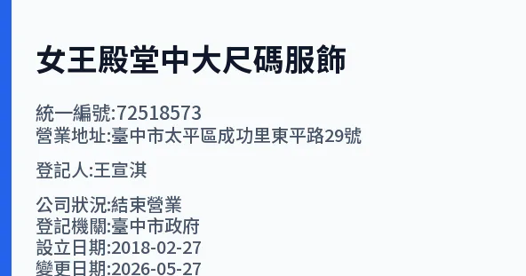 女王殿堂中大尺碼服飾的照片-統編 72518573(臺中市) 公司登記資料與營業項目詳細圖表