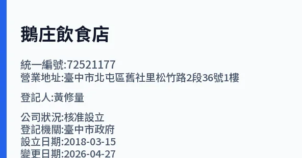 鵝庄飲食店的照片-統編 72521177(臺中市) 公司登記資料與營業項目詳細圖表
