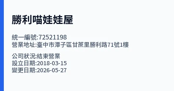 勝利喵娃娃屋的照片-統編 72521198(臺中市) 公司登記資料與營業項目詳細圖表
