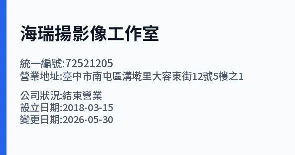 海瑞揚影像工作室的照片-統編 72521205(臺中市) 公司登記資料與營業項目詳細圖表