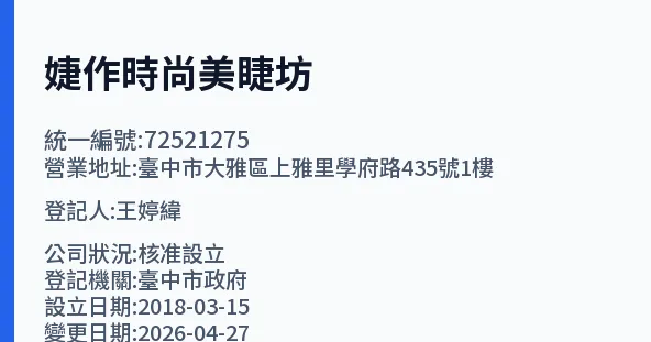 婕作時尚美睫坊的照片-統編 72521275(臺中市) 公司登記資料與營業項目詳細圖表